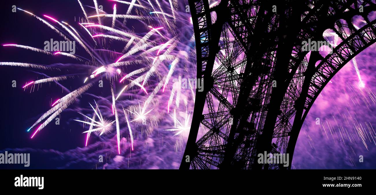 Celebratory colorful fireworks over the Eiffel Tower in Paris, France ...