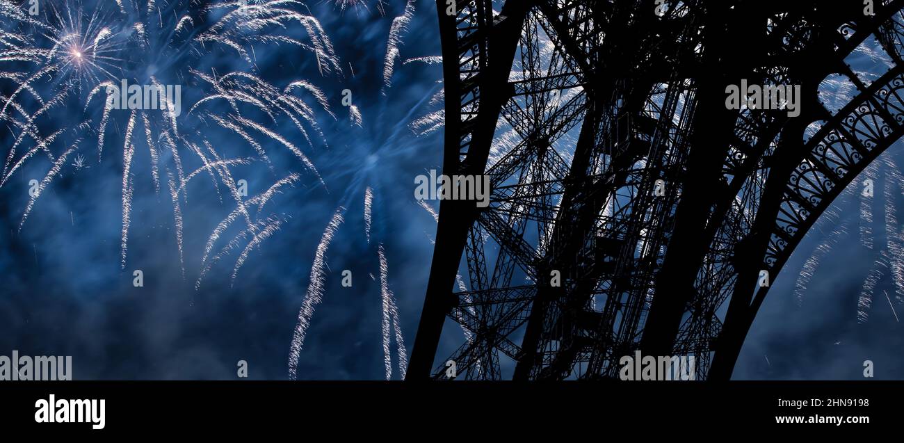Celebratory colorful fireworks over the Eiffel Tower in Paris, France ...