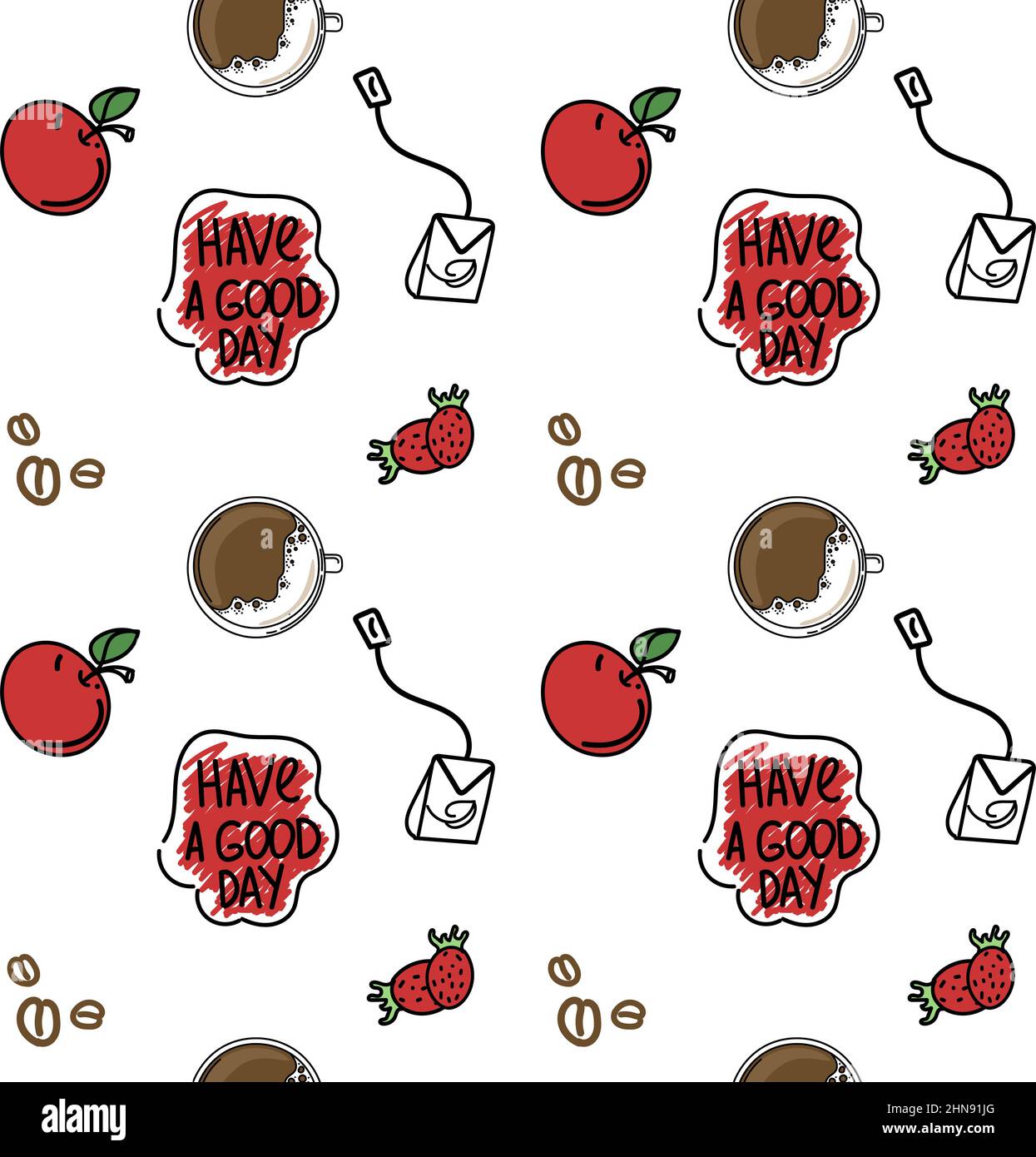 A seamless drawing of hot breakfast drinks. Hand drawn doodle style ...