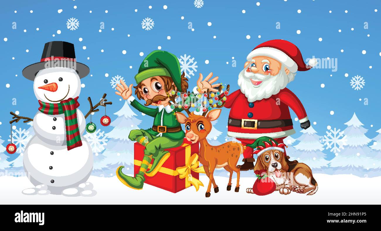 Christmas cartoon characters on snowy blue background illustration ...