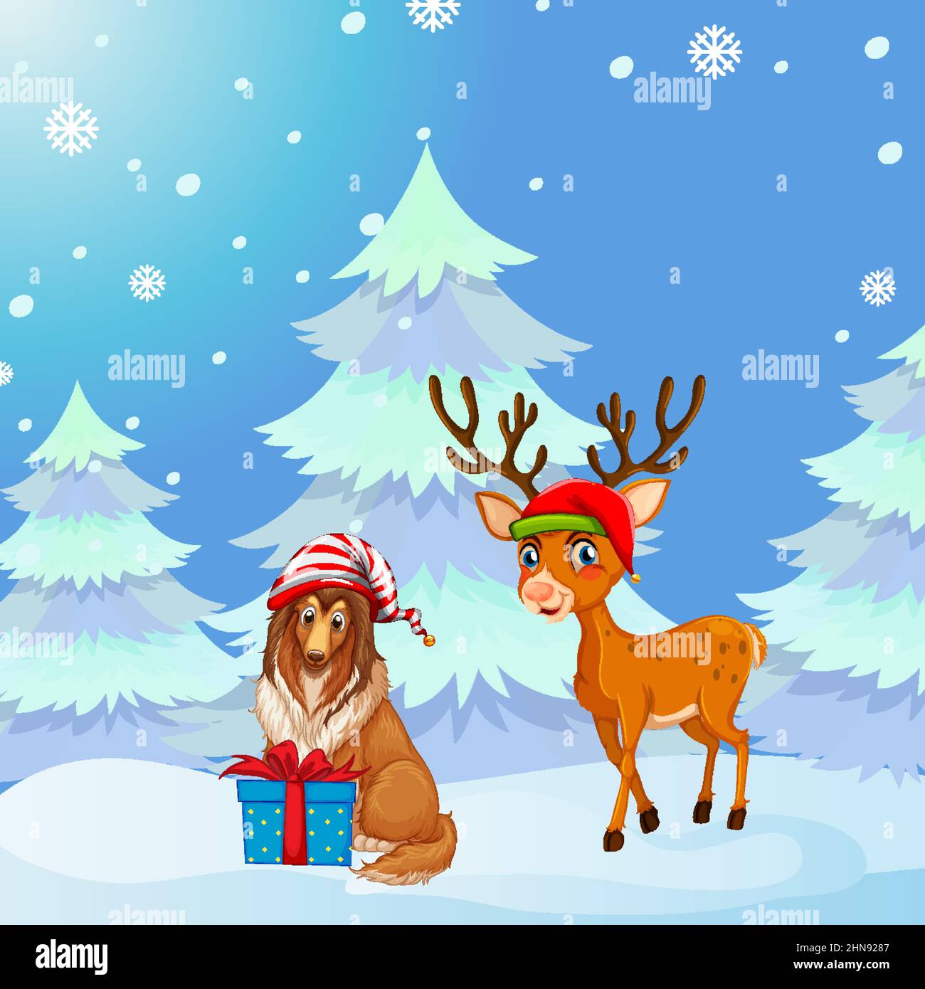 Christmas poster design with a dog and reindeer on snowy background ...