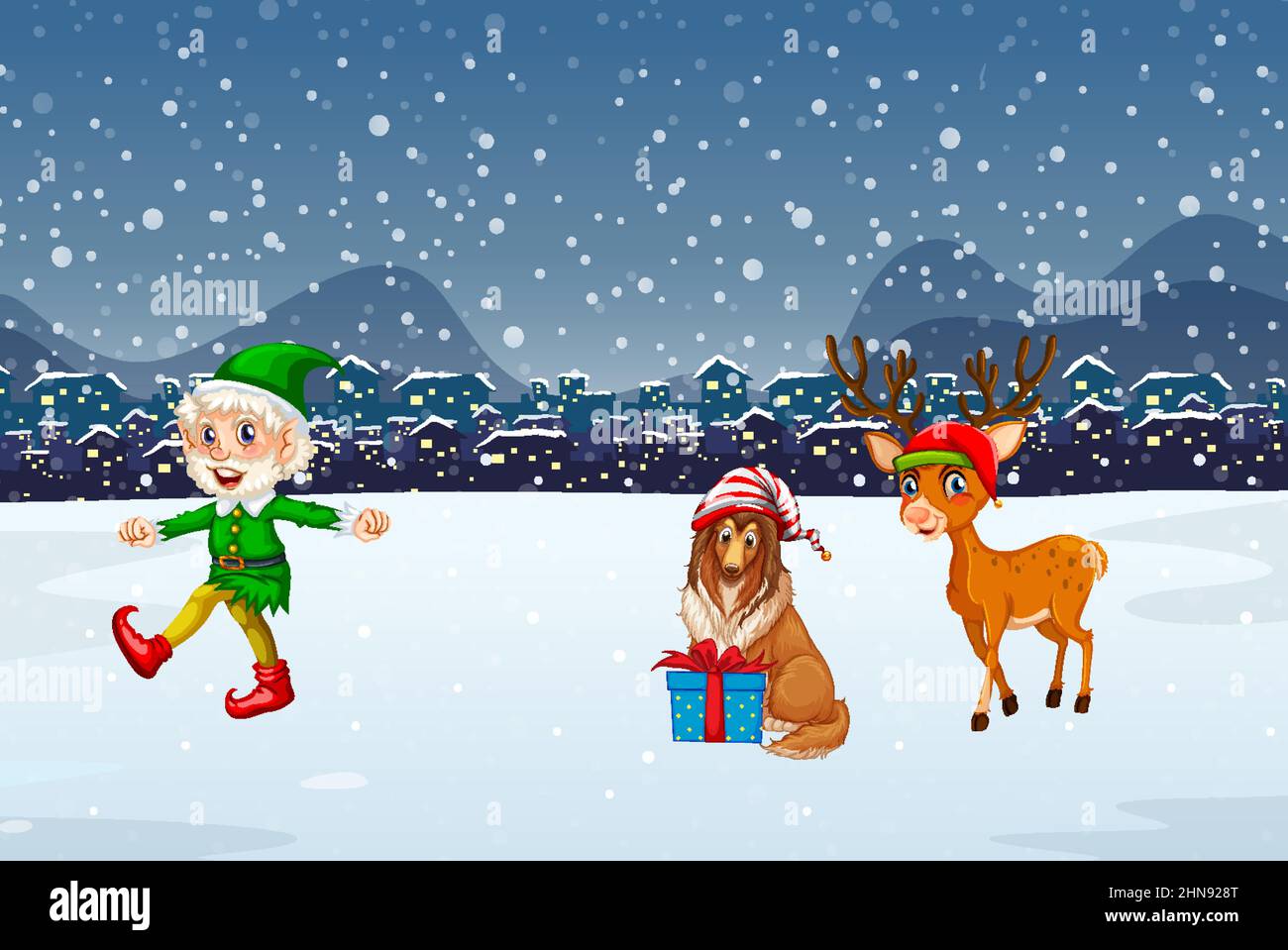 Snowy night scene with Christmas cartoon characters illustration Stock ...
