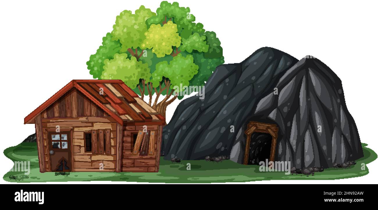 An abandoned house with a rock cave on white background illustration ...