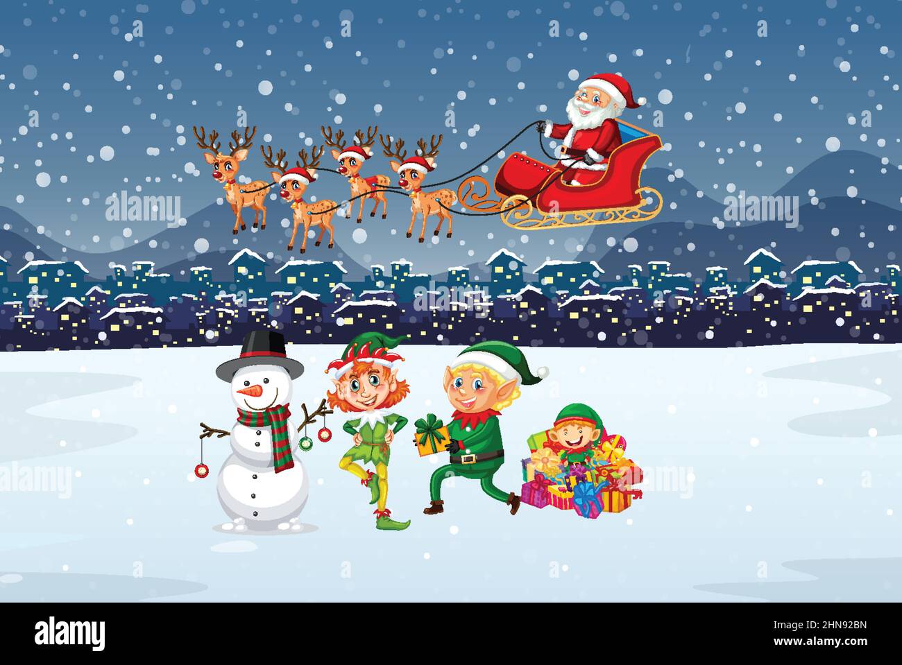 Snowy night scene with Christmas cartoon characters illustration Stock ...