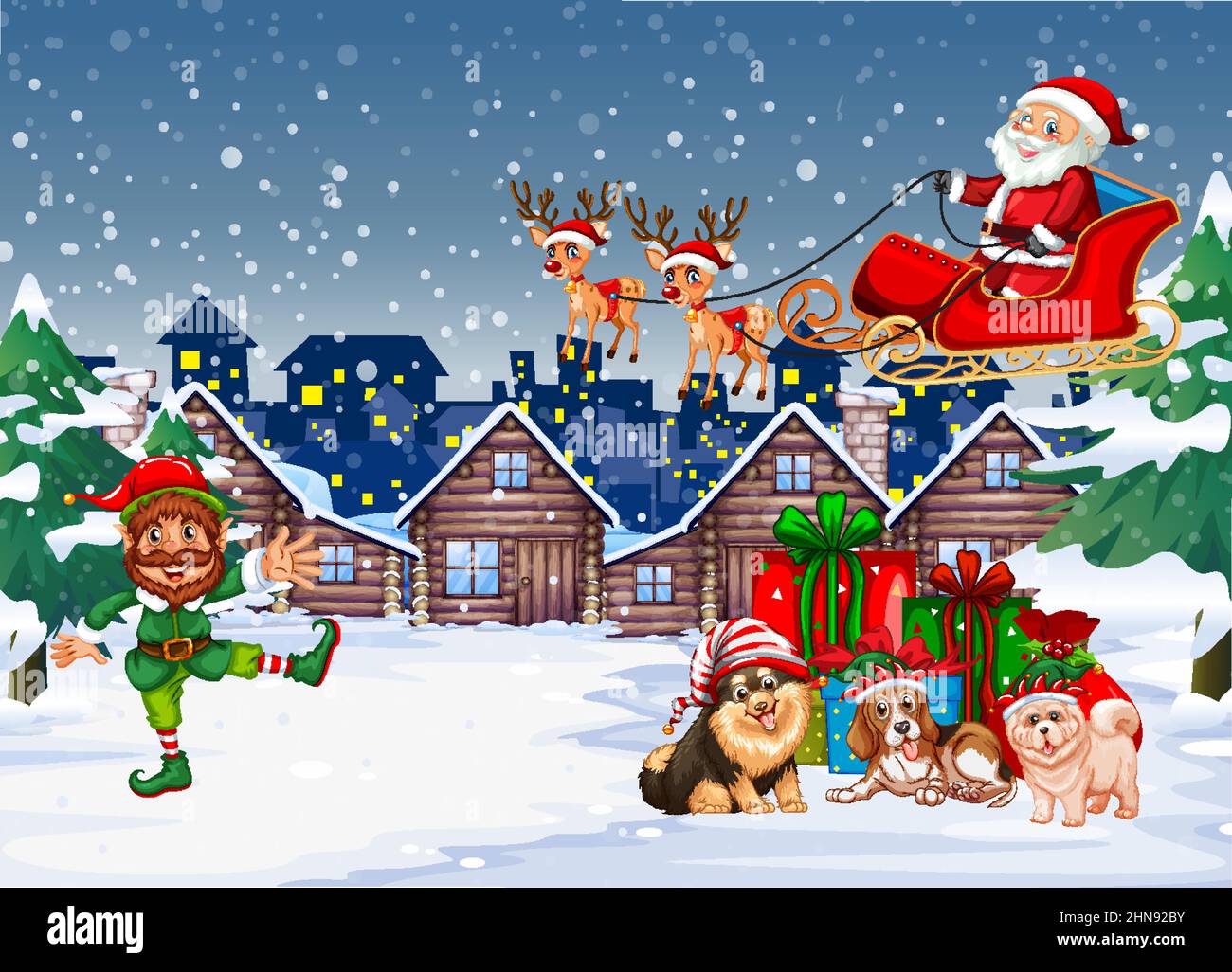 Santa Claus with friends on snowy blue background illustration Stock ...