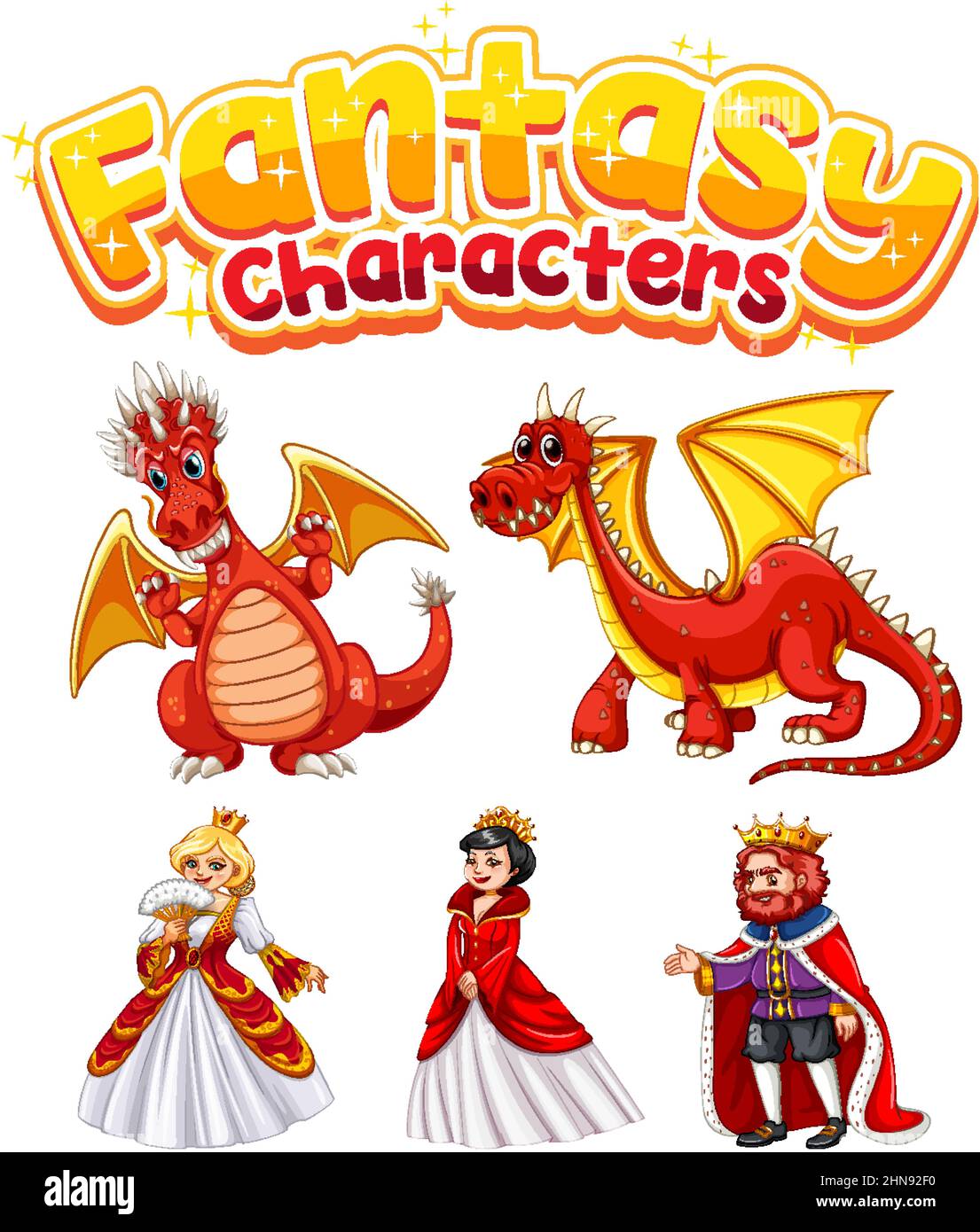 Set of dragons and fairy tale cartoon characters illustration Stock ...