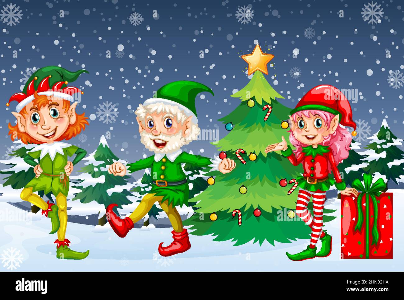 Snowy night scene with Christmas cartoon characters illustration Stock ...