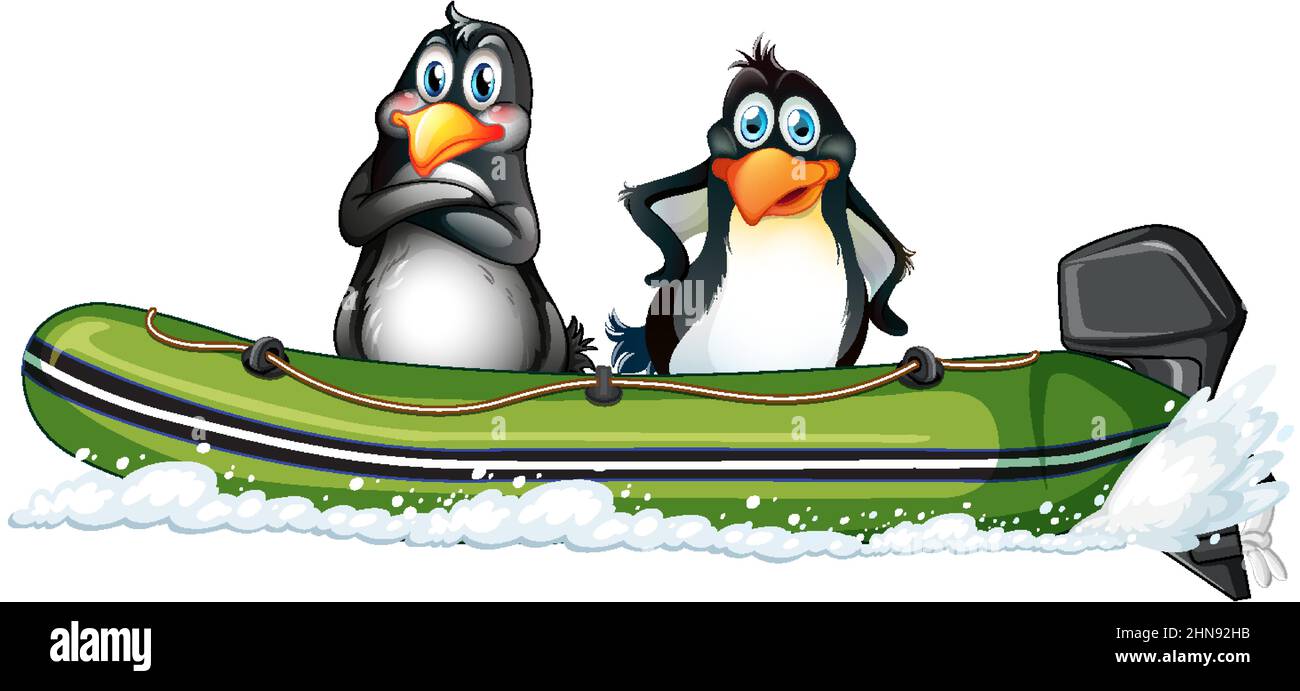 Penguins on a speed boat in cartoon style illustration Stock Vector ...