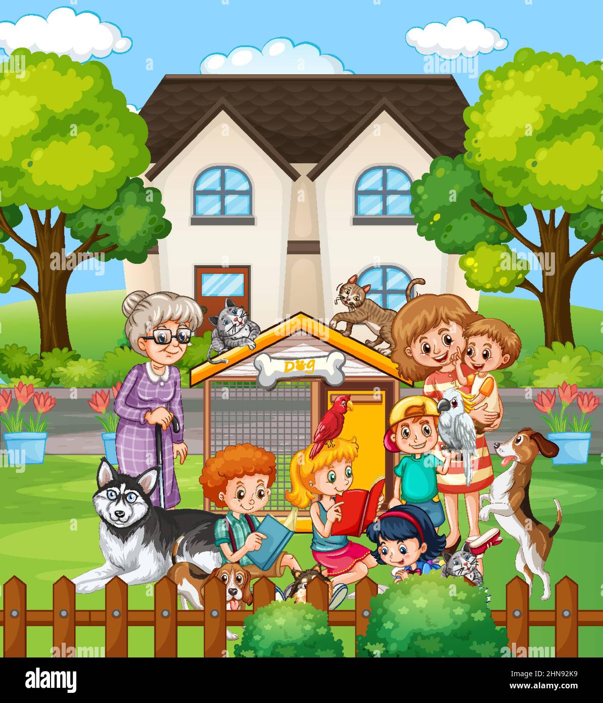 Outdoor scene with happy family and dogs illustration Stock Vector ...