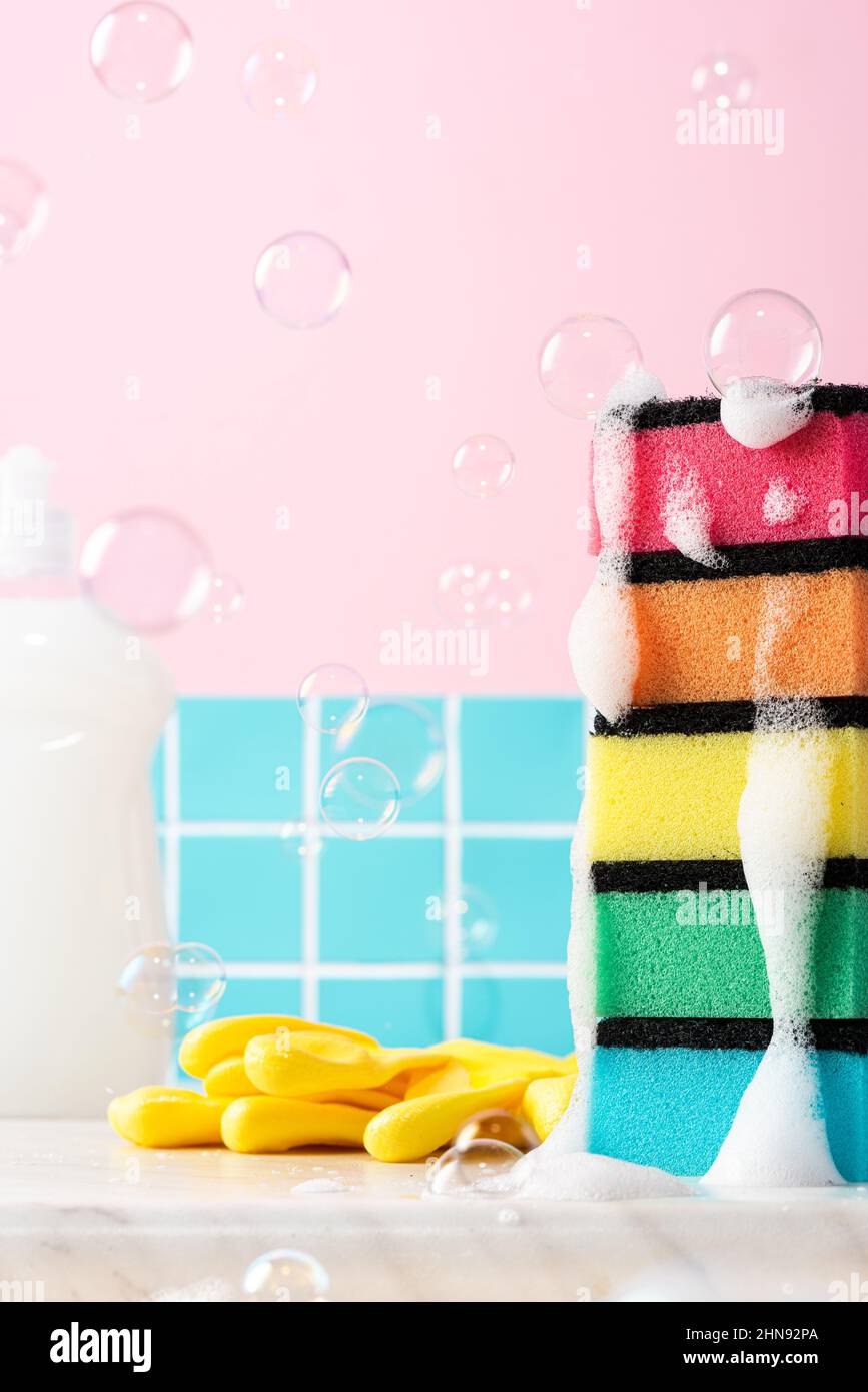 Cleaning product mockup. Kitchen table counter with copy space ...