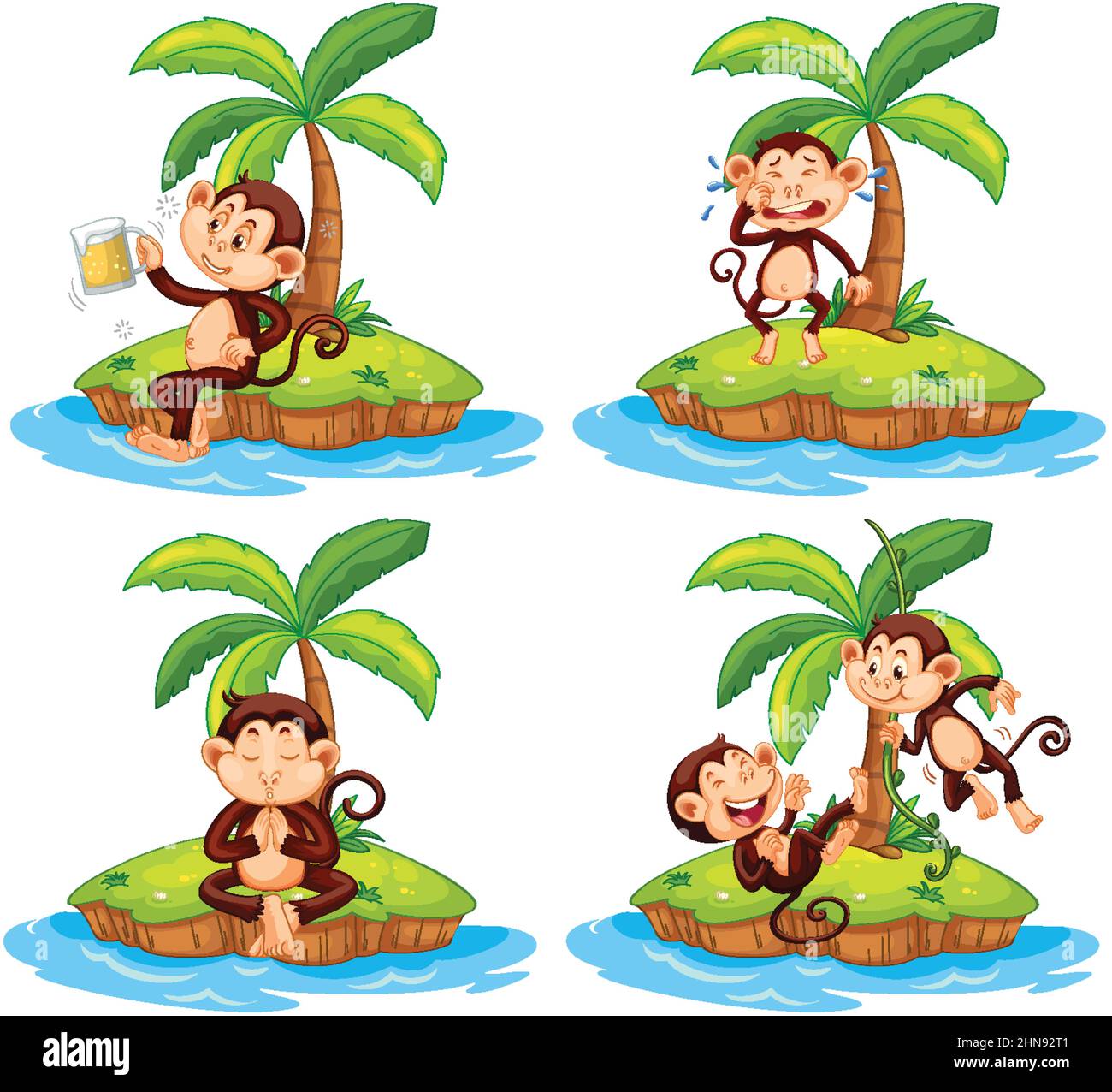 Set of different isolated islands with monkey cartoon characters ...
