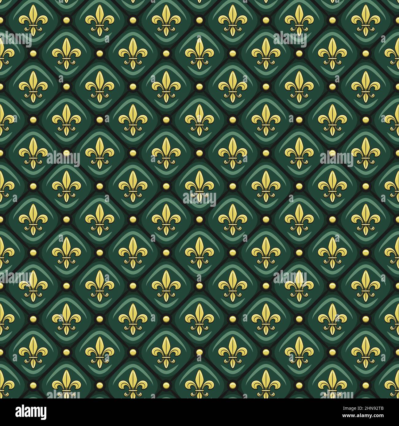Seamless pattern with green leather upholstery, golden fleur-de-lis. Vector background Stock ...