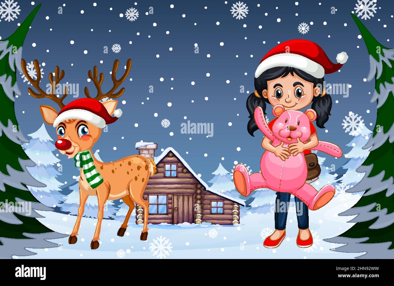 Snowy night scene with Christmas cartoon characters illustration Stock ...