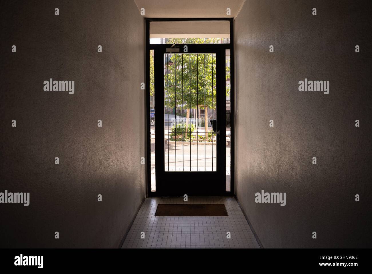 apartment building ground floor corridor in summer. Living together ...