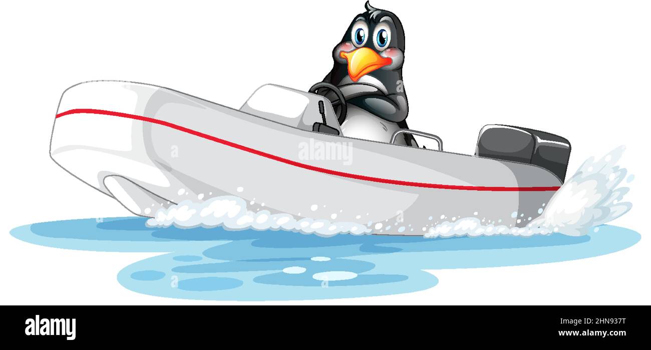 Penguin on a speed boat in cartoon style illustration Stock Vector ...