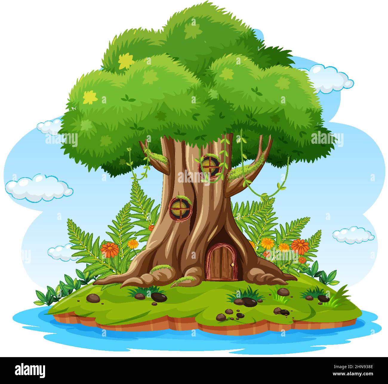 Fantasy tree house inside tree trunk illustration Stock Vector Image ...