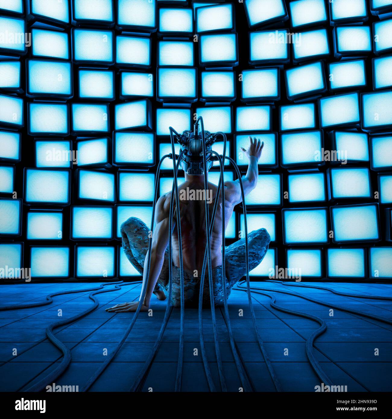 Digital information overload - 3D illustration of male figure wearing ...