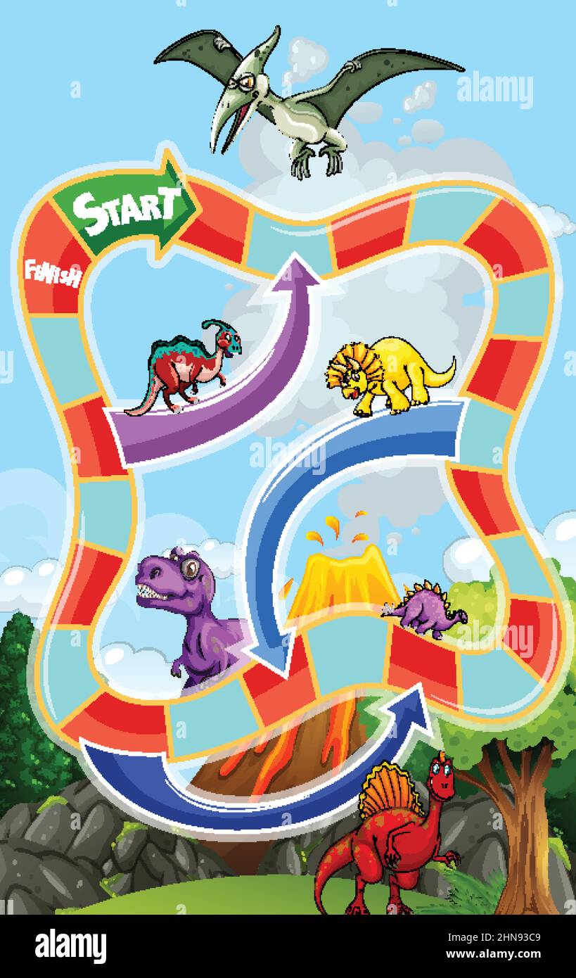 Snake and ladders game template in dinosaur theme illustration Stock ...