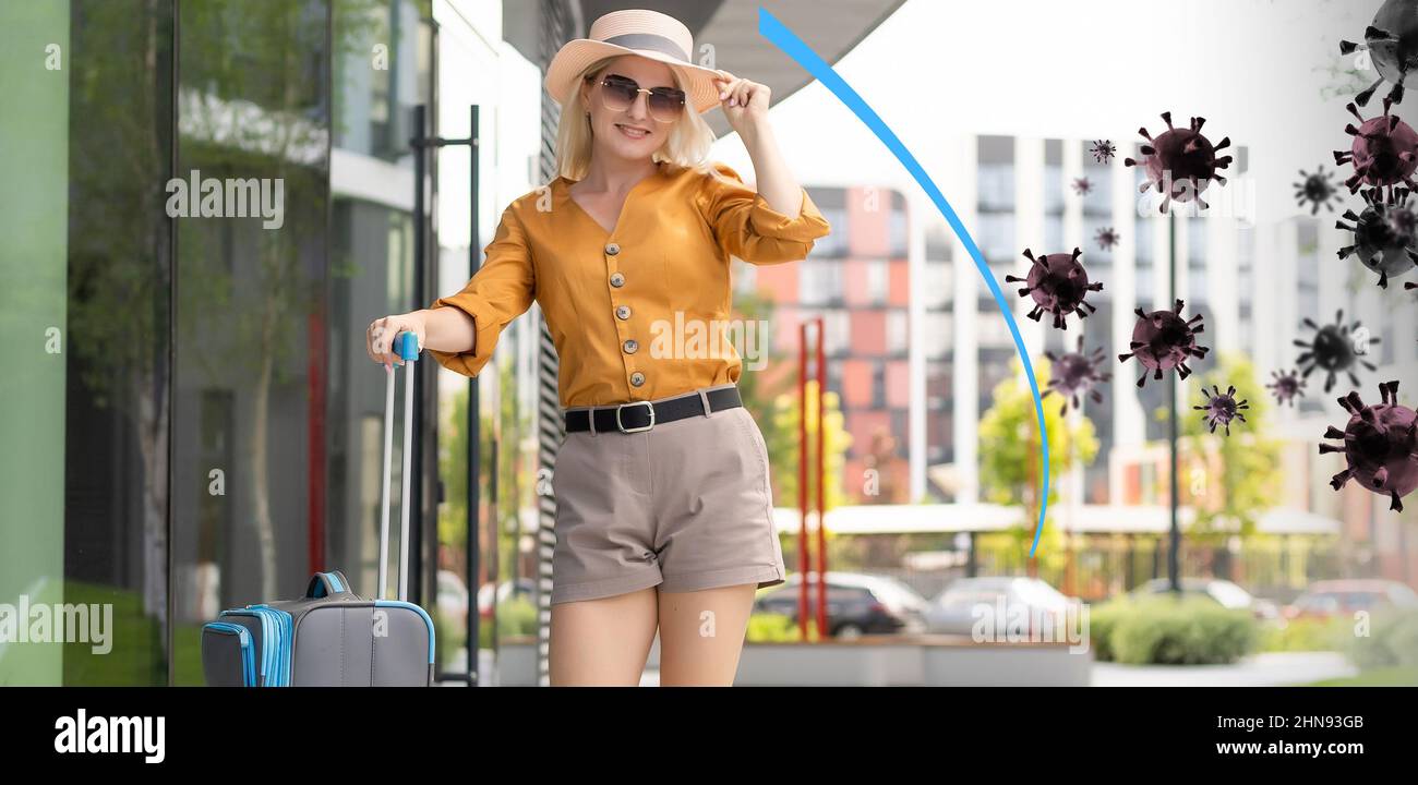 Portrait of young beautiful woman with virtual barrier to protect ...