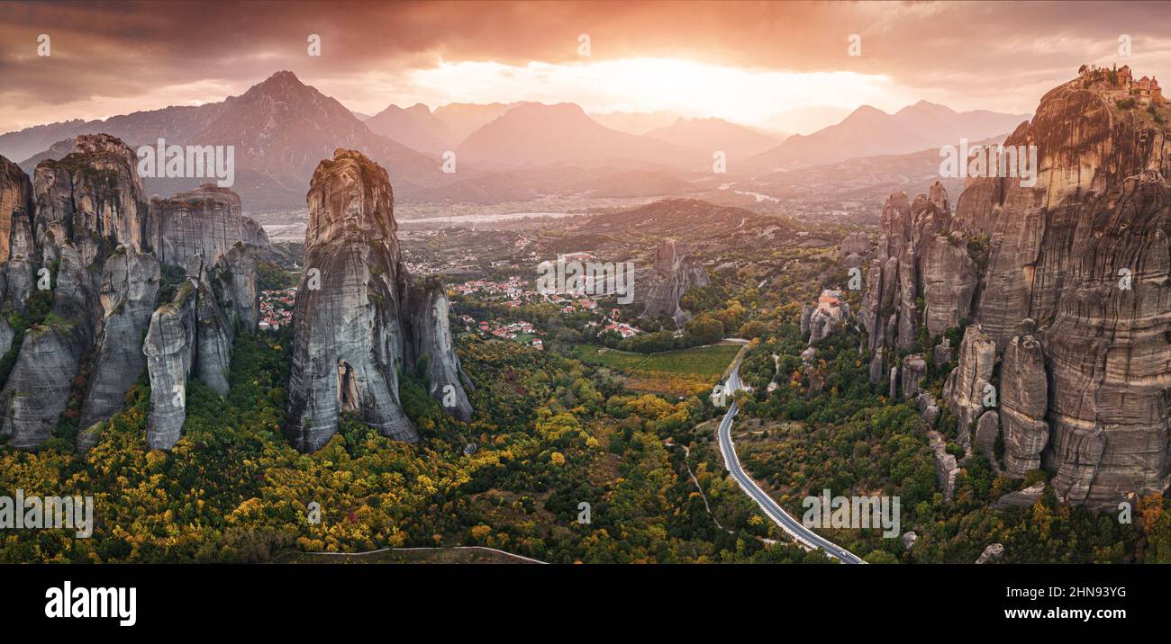 Inspirational aerial view of iconic and majestic Meteora monastery ...