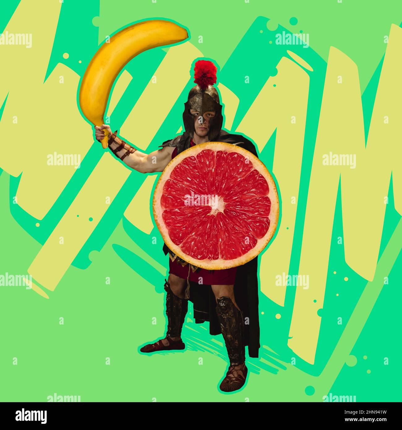 Composition with medieval knight with huge grapefruit and banana ...