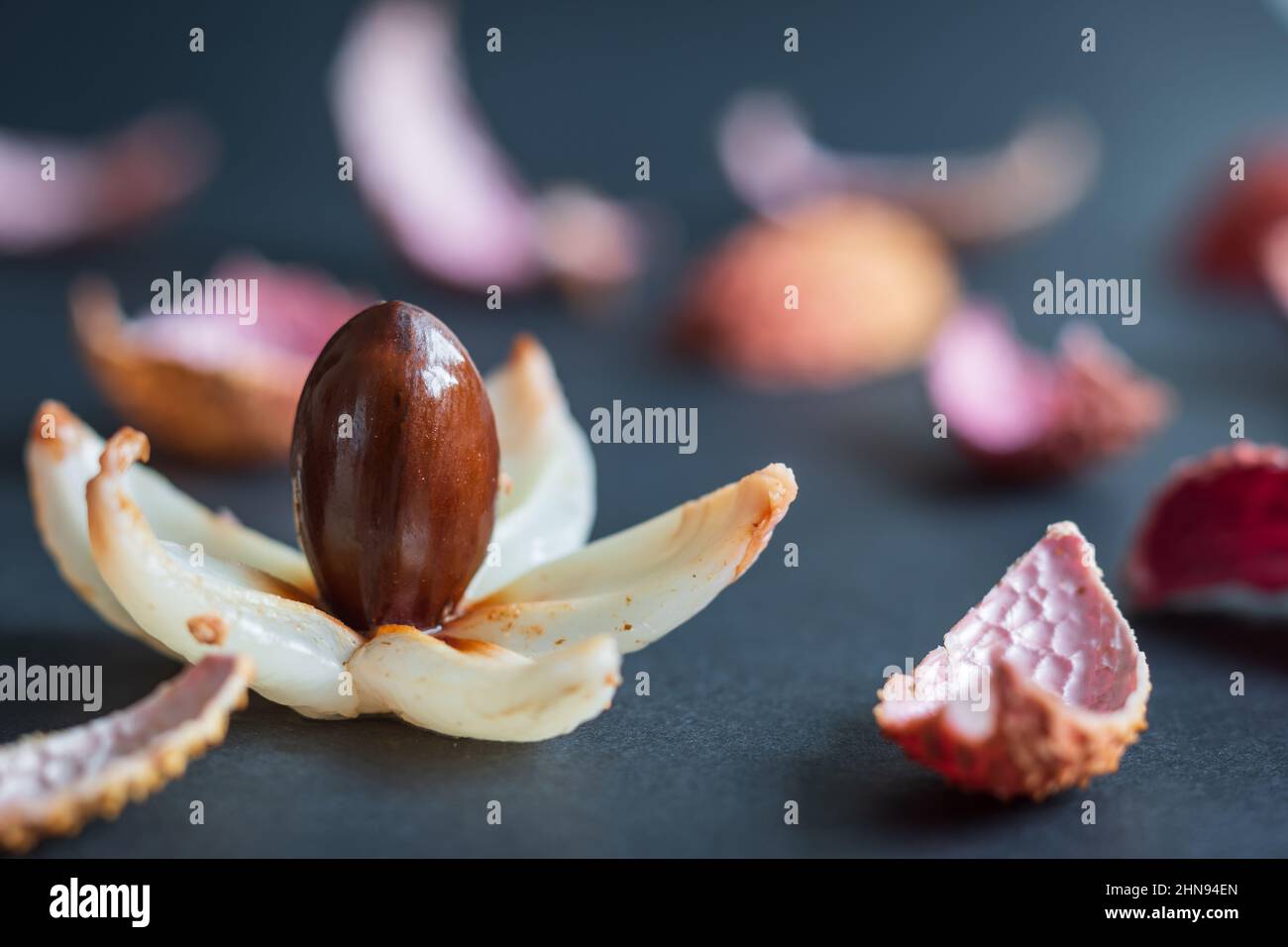 cut open fresh lychee fruit slide pan Stock Photo - Alamy