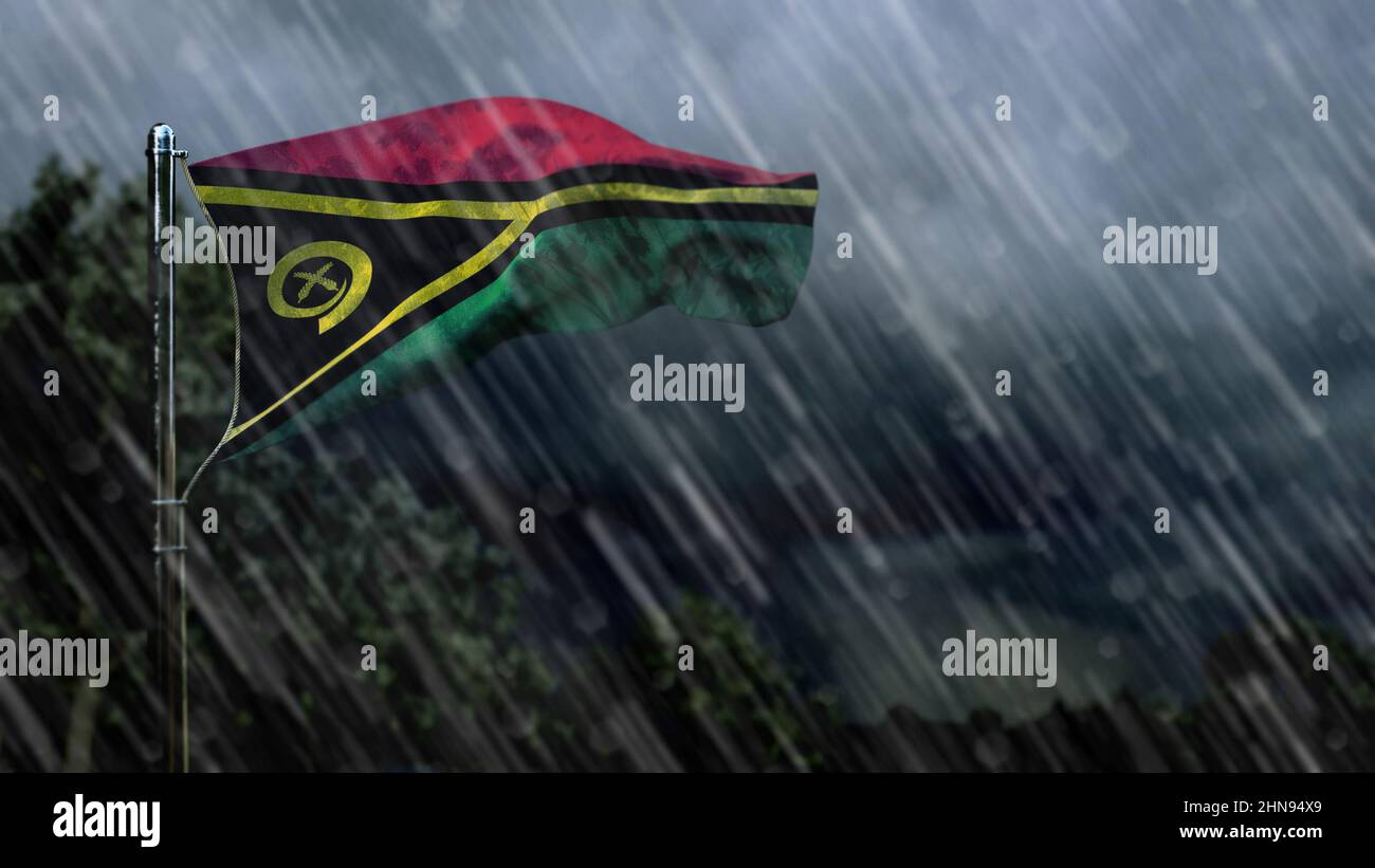 flag of Vanuatu with rain and dark clouds, hail rain forecast symbol ...