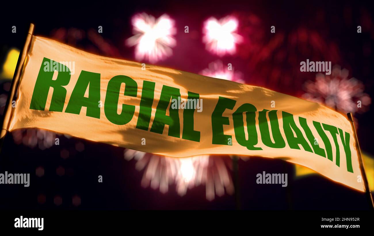 Racial Equality banner or transparent on fireworks holiday sky bg ...