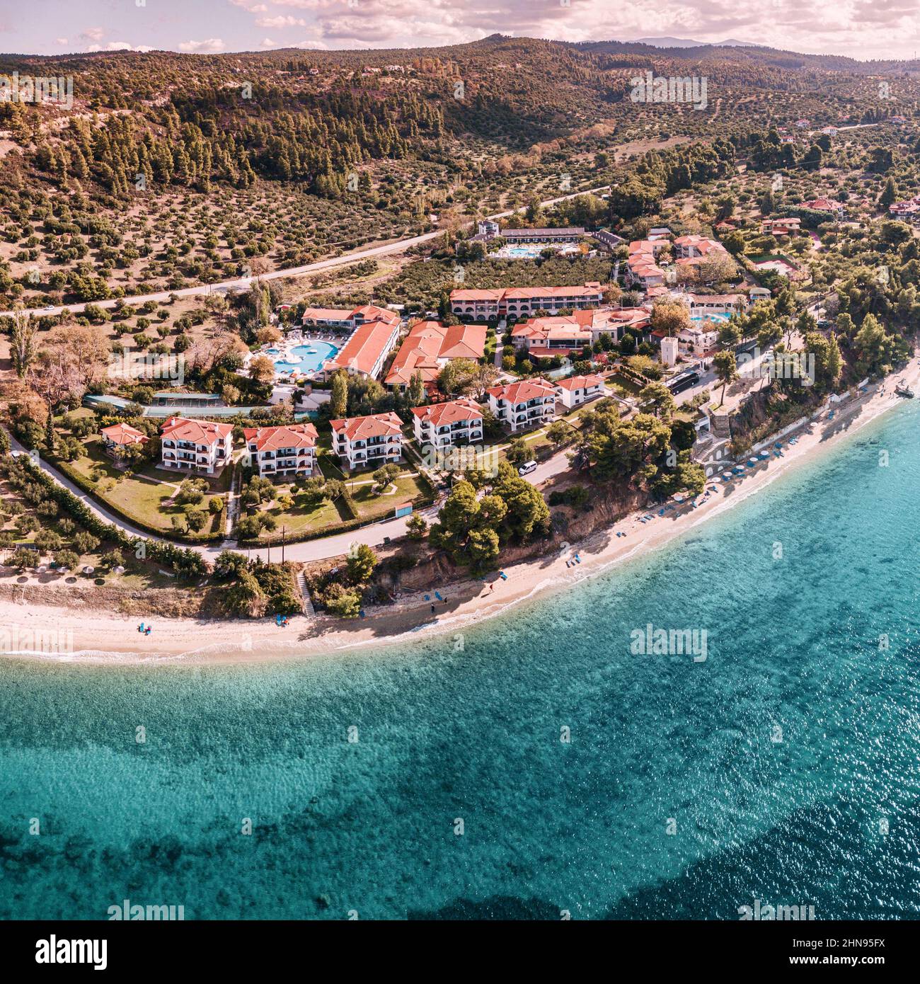 Aerial view of the idyllic sea shore on the Sithonia peninsula in ...
