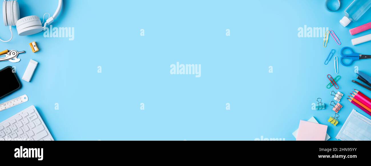 Online learning and back to school design concept. Top view of student ...