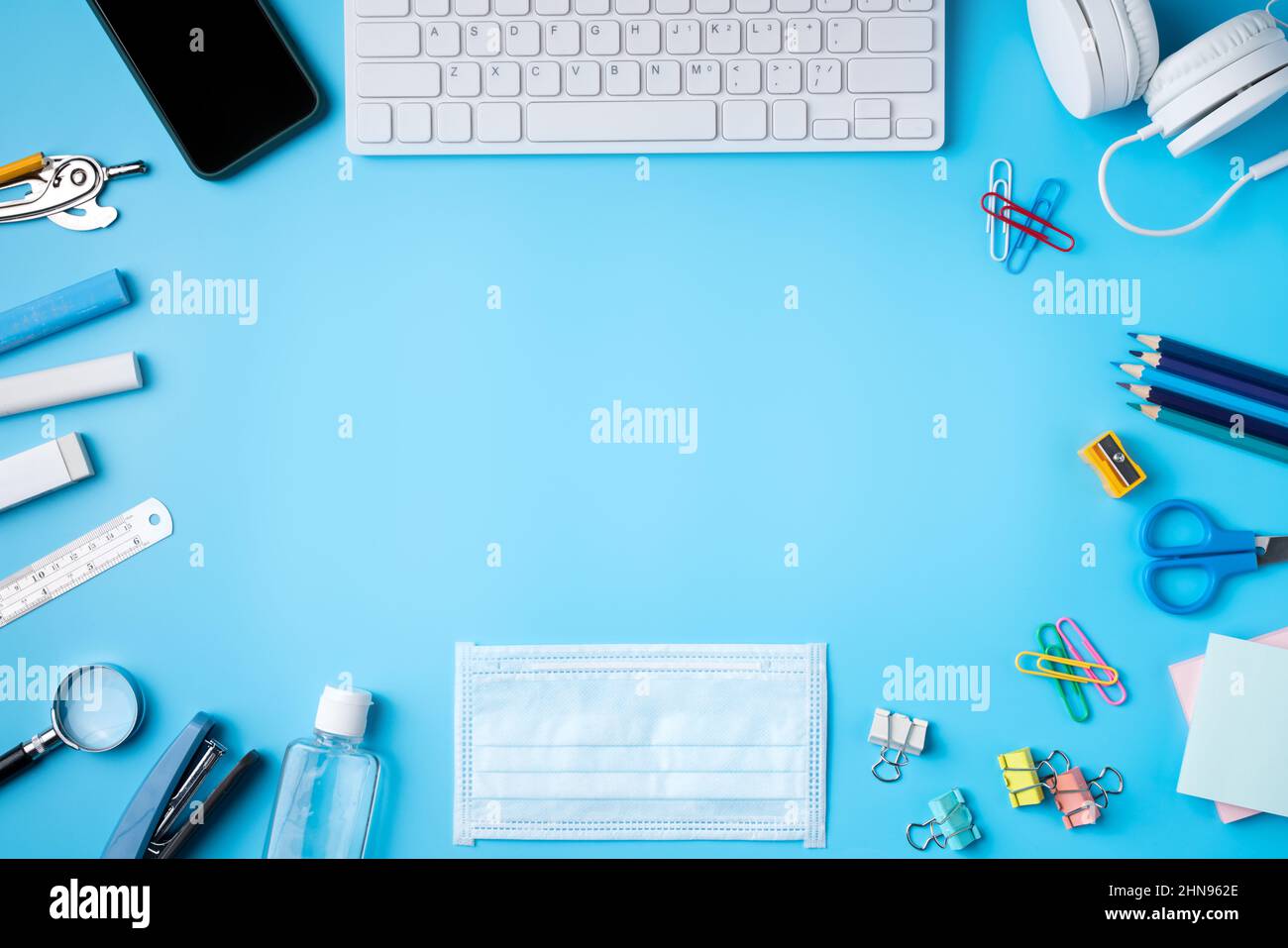 Online learning and back to school design concept. Top view of student ...