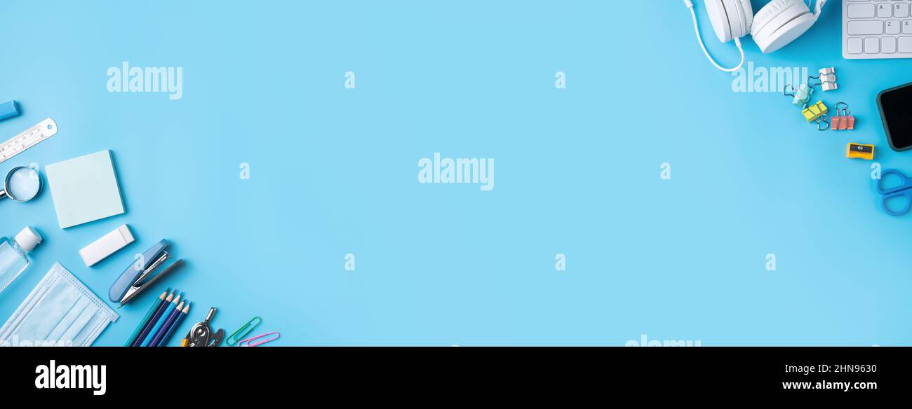 Online learning and back to school design concept. Top view of student ...