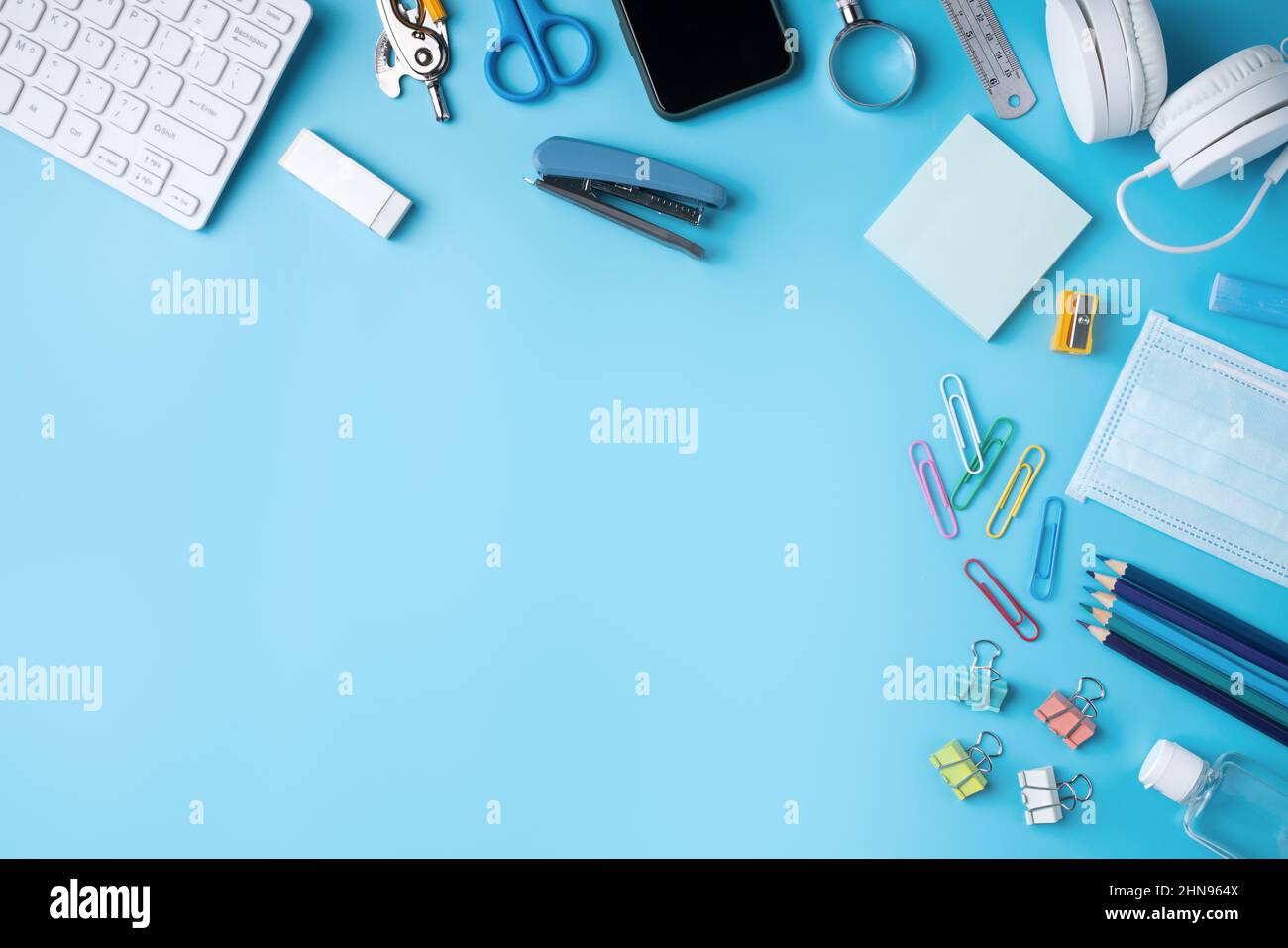 Online learning and back to school design concept. Top view of student ...