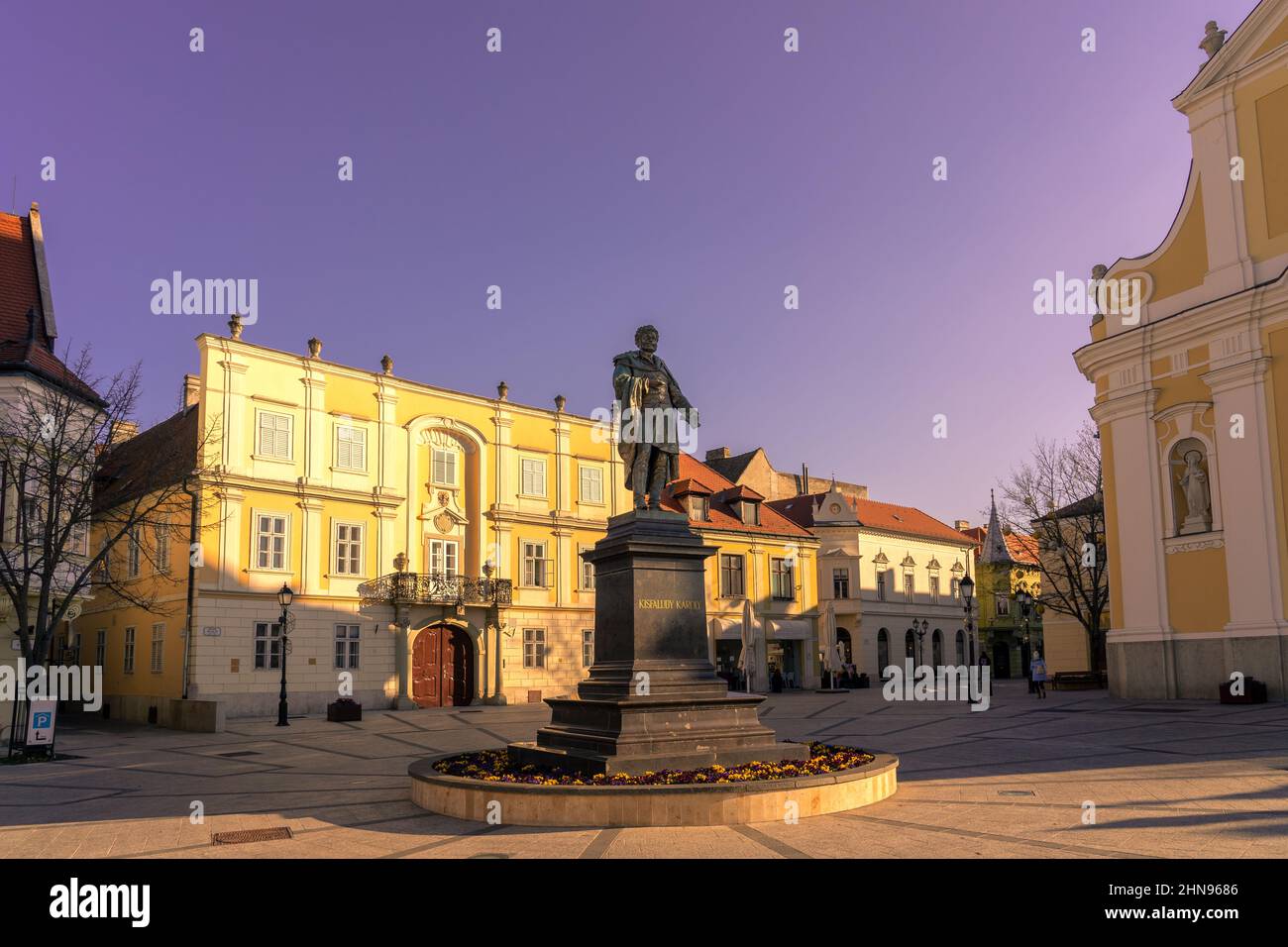 Kisfaludy Karoly statue on the historic square in Gyor city in Hungary ...