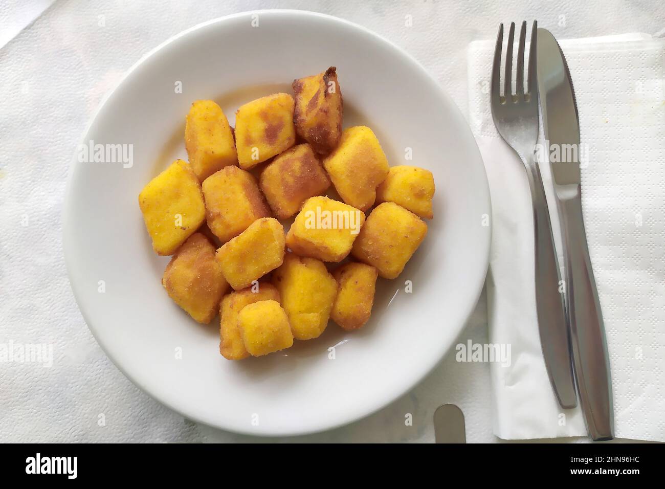 Traditional first dish fried semolina, Marche, Italy, Europe Stock ...