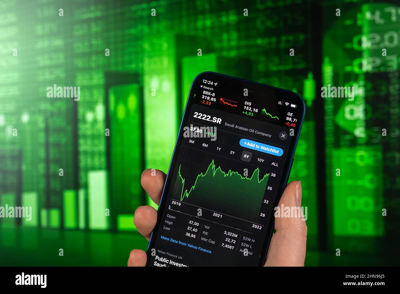 Kharkov, Ukraine - February 11, 2022: Saudi Aramco stock trade on green ...