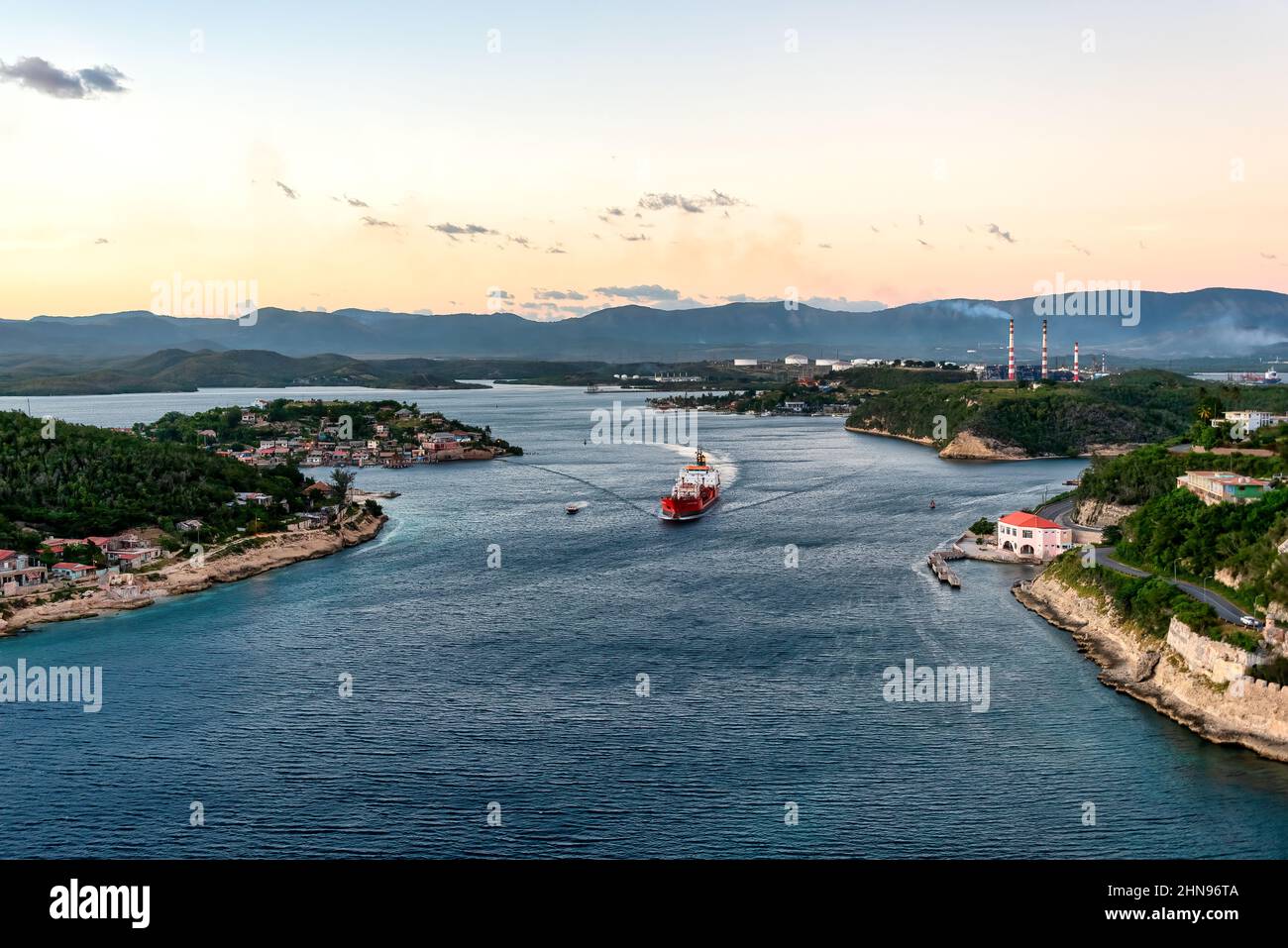 Merchant ship entering the port Santiago de Cuba city, Cuba - November ...