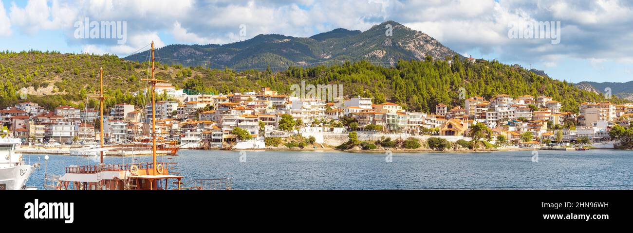 25 October 2021, Neos Marmaras, Greece: Panoramic view of a resort town ...