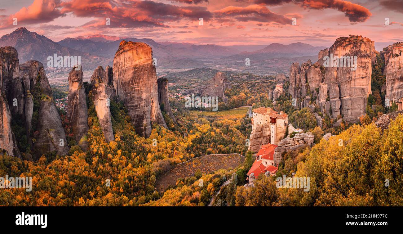 Panoramic majestic view of the famous Meteora flying monasteries in ...