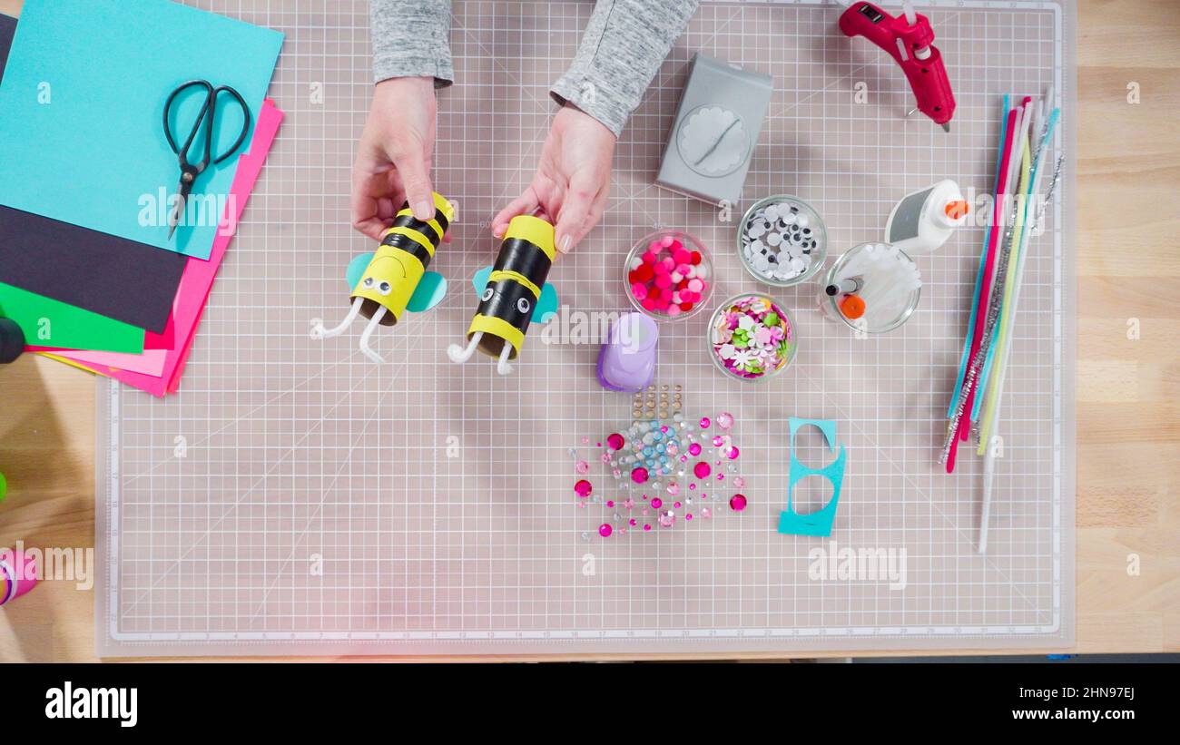 Flat lay. Kids papercraft. Making paper bugs out of the empty toilet ...