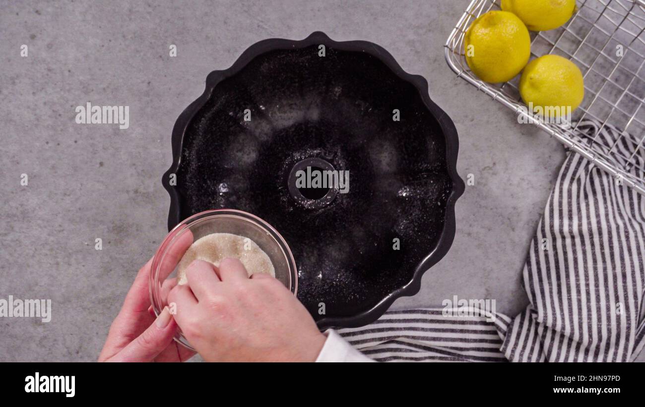 Flat lay. Empty baking pan prepared to bake a lemon pound cake Stock ...