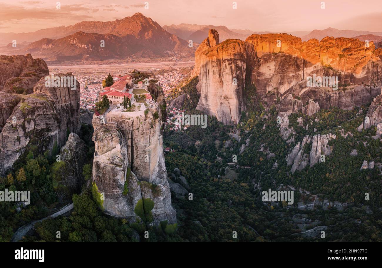 Scenic panoramic view of the Monastery of the Holy Trinity in Meteora ...