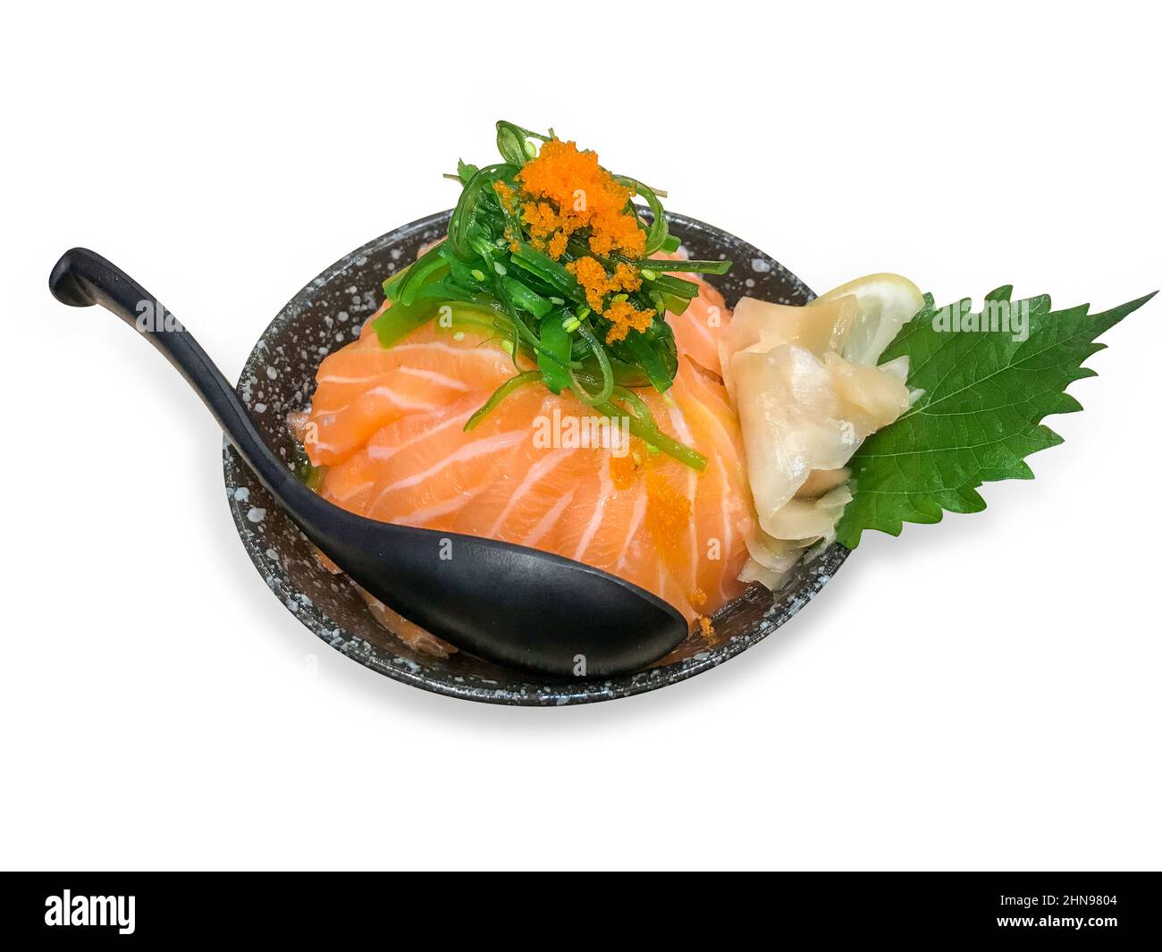 Top view of salmon don, fresh sashimi, raw salmon, salmon roe , wasabi ...