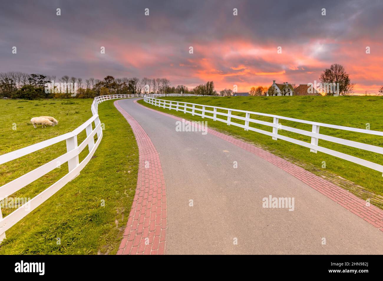 Dutch Countryside landscape with historical houses in evening along a ...