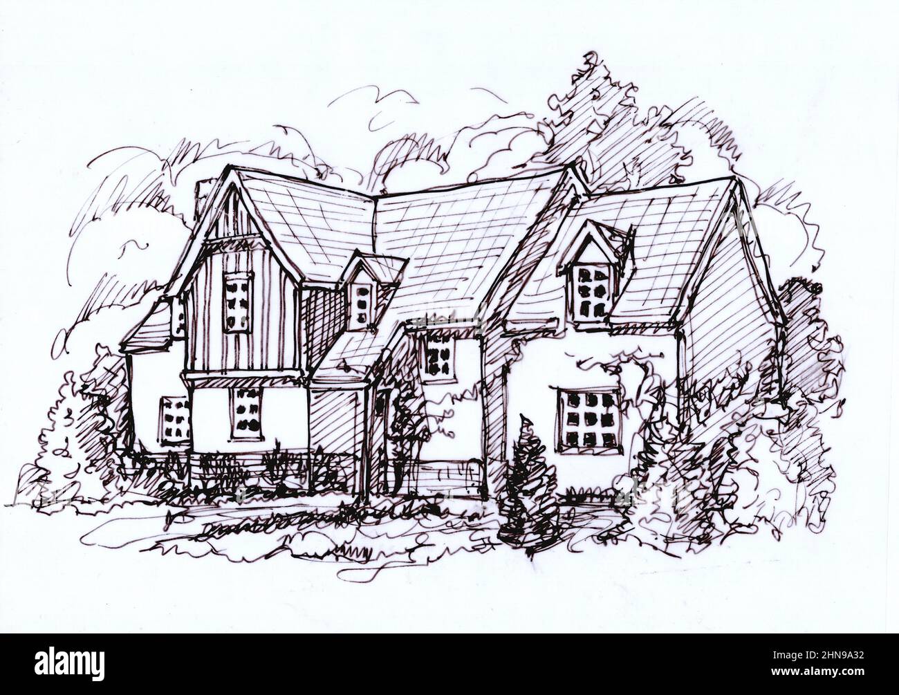 Sketch of a large traditional cottage on a white background Stock Photo ...