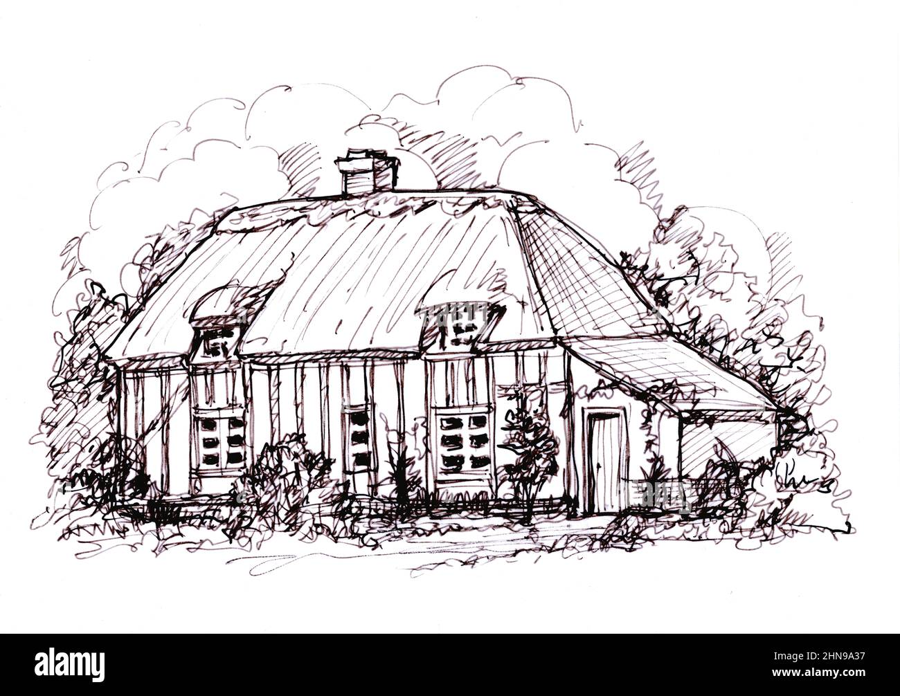 Sketch of a thatched cottage on a white background Stock Photo - Alamy