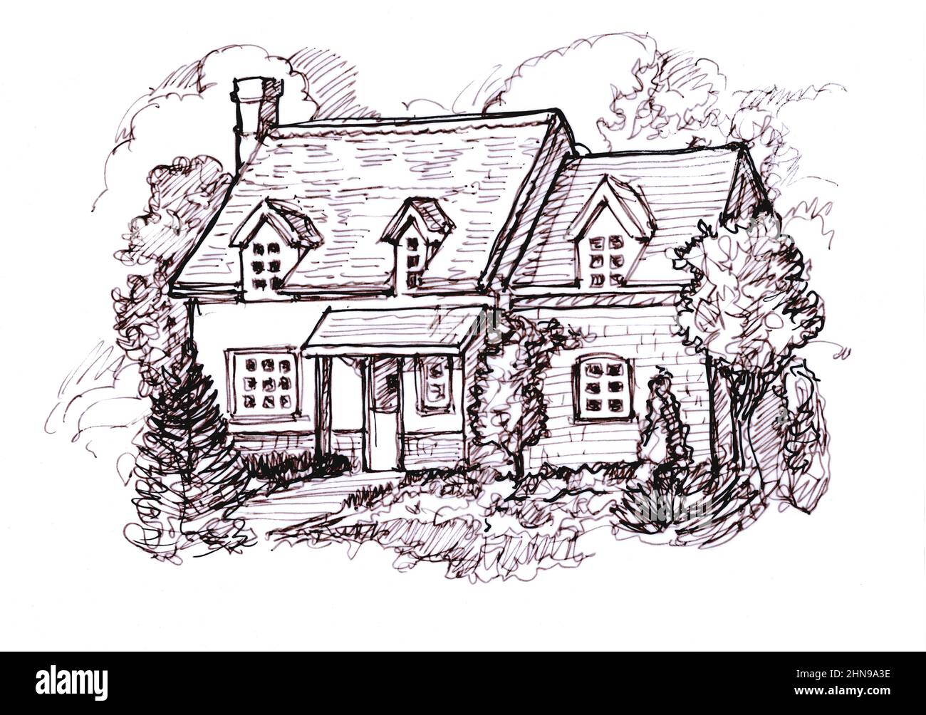 Sketch of a thatched cottage on a white background Stock Photo - Alamy