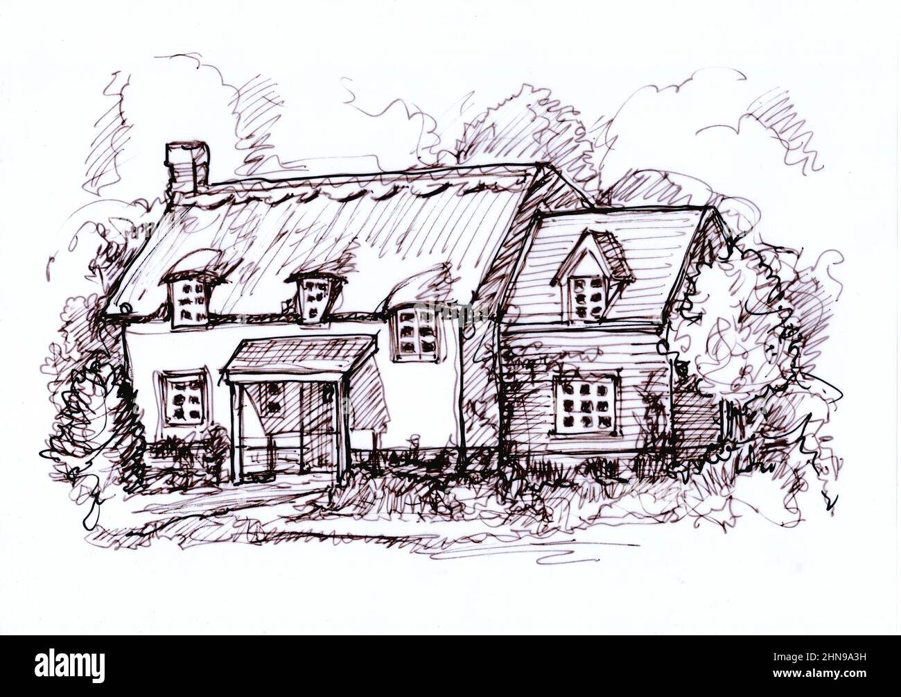 Sketch of a thatched cottage on a white background Stock Photo - Alamy