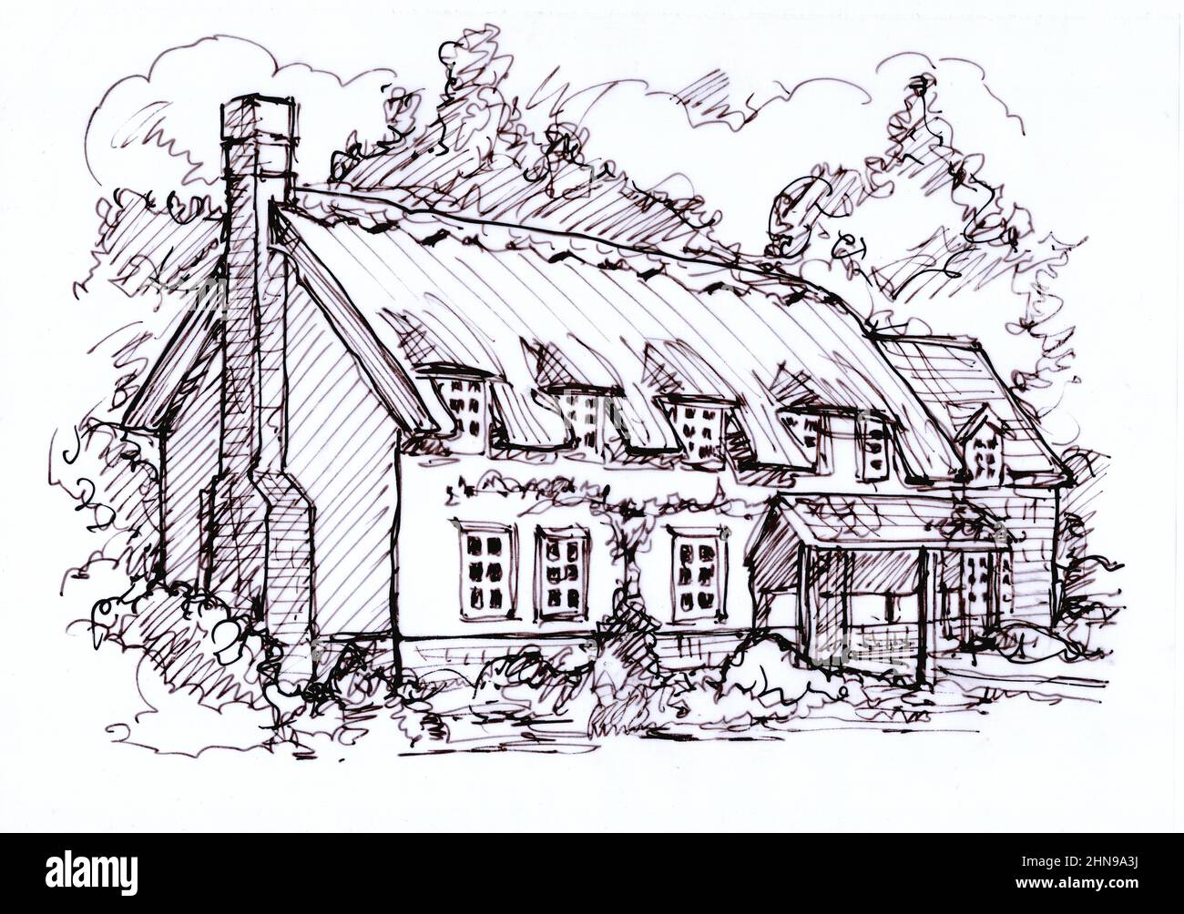 Sketch of a thatched cottage on a white background Stock Photo - Alamy