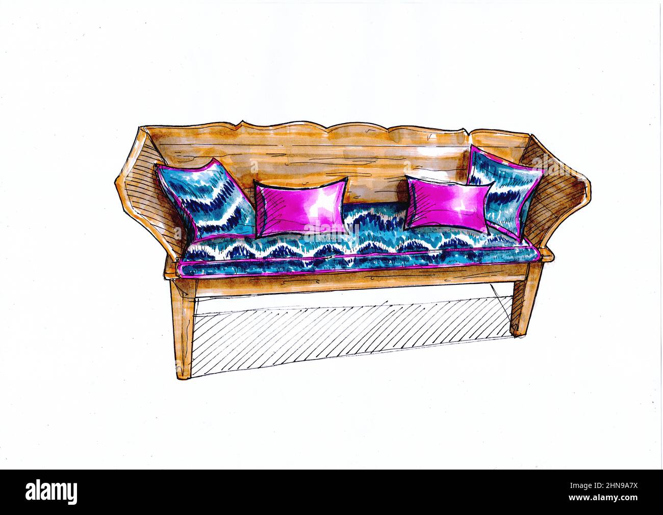 Sketch for a bench in a colourful patterned fabric Stock Photo - Alamy